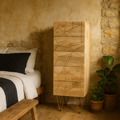 Bali Tall 5-Drawer Mango Wood Chest with Gold Inlays, Light Natural Finish