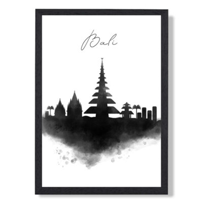Bali Watercolour Skyline City Art Print with Black Frame SIZE: A4
