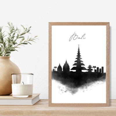 Bali Watercolour Skyline City Framed Print SIZE: A4 with Oak Frame