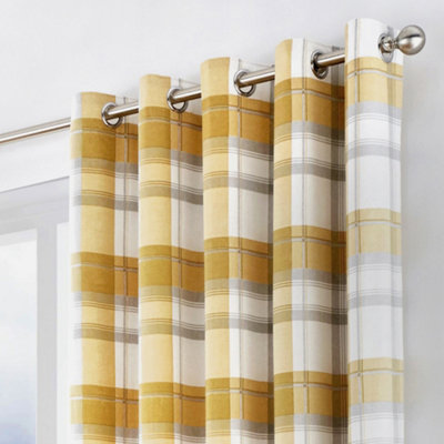 Balmoral Check Country Checked Pattern Pair of Mustard Eyelet Curtains