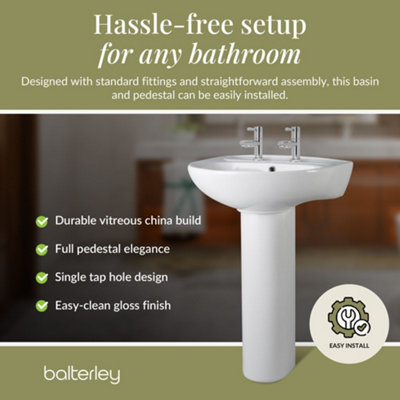 Balterley Adley Round 2 Tap Hole Ceramic Basin with Full Pedestal 550mm ...