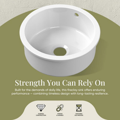 Balterley Fireclay Single Bowl Round Undermount Kitchen Sink, Central ...