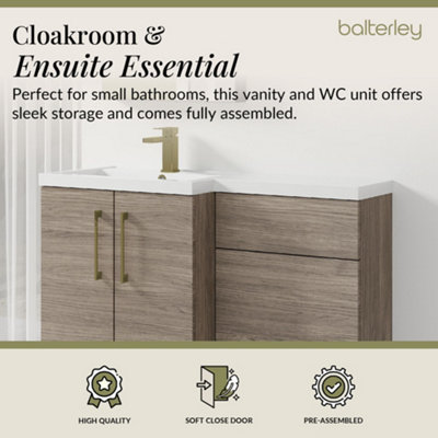 Balterley Mid Oak Bathroom Vanity Unit with Basin & WC, Brushed Brass ...