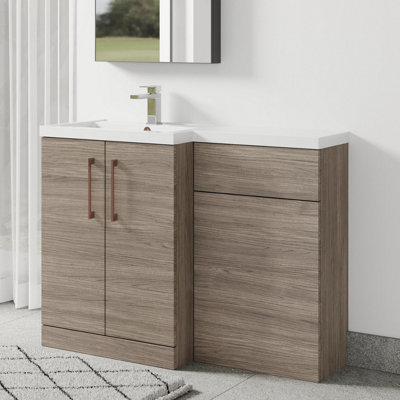 Balterley Mid Oak Bathroom Vanity Unit with Basin & WC, Copper Handles ...