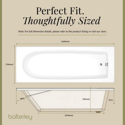 Balterley Modern Single Ended Straight Shower Bath with Leg Set, 1600mm ...