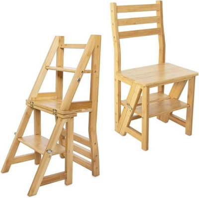 Bamboo 3 Tier Folding Step Ladder Chair Convertible Library Steps ...