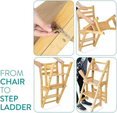 Bamboo 3 Tier Folding Step Ladder Chair Convertible Library Steps ...