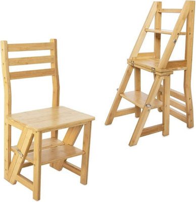 Bamboo 3 Tier Folding Step Ladder Chair Convertible Library Steps ...