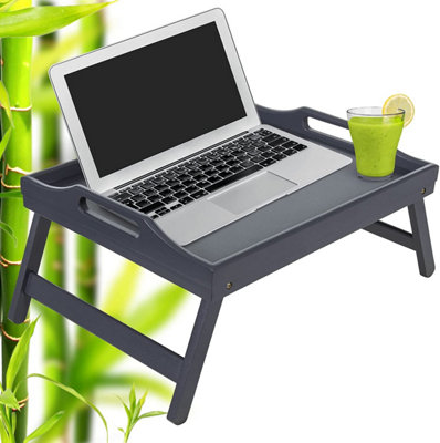 Bamboo Bed Tray Table With Handles & Foldable Legs, Multipurpose Lap Tray, Grey