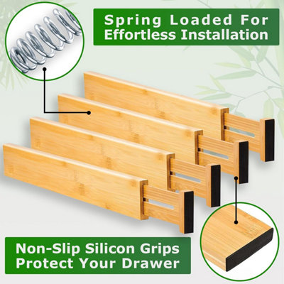 Bamboo Drawer Dividers Adjustable Spring-Loaded Organisers, Set of 4 ...