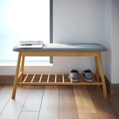 Bamboo Shoe Bench With Grey Cushion