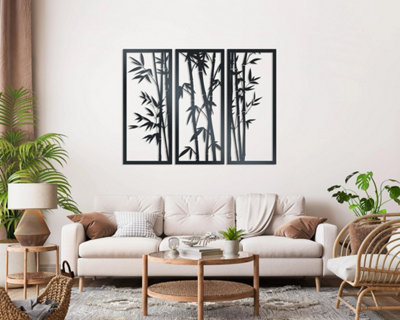 Bamboo Three Panel Metal Wall Art Tropical Indoor Outdoor Garden Decor ...
