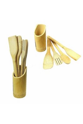 Bamboo Wooden Cooking Utensil Set of 5 Spoons Spatulas Turner