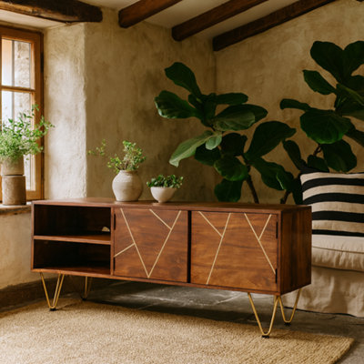 Bandung Wide TV Media Unit - Dark Mango Wood with Gold Inlays, 2 ...
