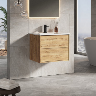 Banyetti Venti 600mm Wall Hung Vanity Unit with Basin - Ostippo Oak