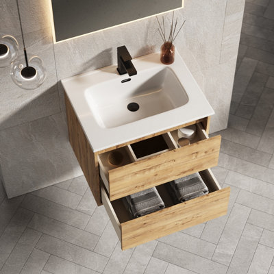 Banyetti Venti 600mm Wall Hung Vanity Unit with Basin - Ostippo Oak