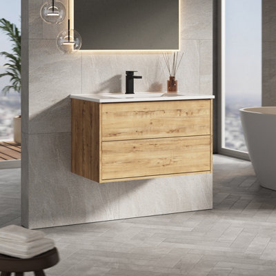 Banyetti Venti 800mm Wall Hung Vanity Unit with Athena Basin - Ostippo Oak