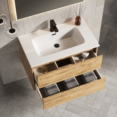 Banyetti Venti 800mm Wall Hung Vanity Unit with Athena Basin - Ostippo Oak