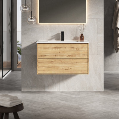 Banyetti Venti 800mm Wall Hung Vanity Unit with Basin - Ostippo Oak ...
