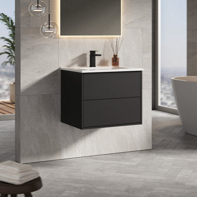 Banyetti Venti Noir 600mm Wall Hung Vanity Unit with Basin - Matt Black