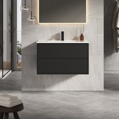 Banyetti Venti Noir 800mm Wall Hung Vanity Unit with Basin - Matt Black