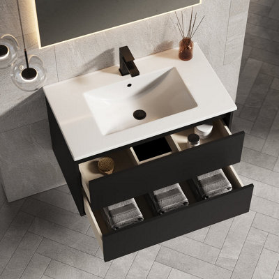 Banyetti Venti Noir 800mm Wall Hung Vanity Unit with Basin - Matt Black