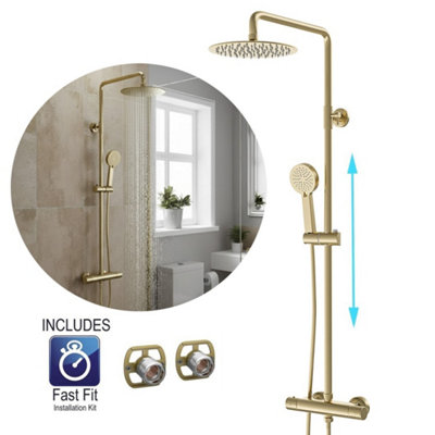 BAP Round Brushed Brass Thermostatic Dual Control Twin Head Shower ...