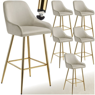 Bar Stool Avane - with backrest, upholstered, velvet look - cream/gold ...