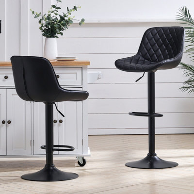Bar Stool Set of 2 Black Faux Leather Height Adjustable Bar Stool Chairs