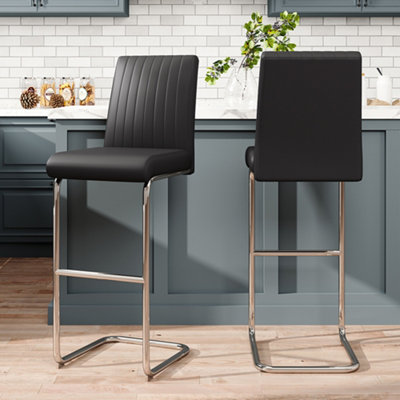 Bar Stool Set of 2 Black PU Leather Upholstered Bar Stools with ...