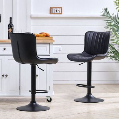 Bar Stool Set of 2 Gas Lift Black Faux Leather Bar Stools