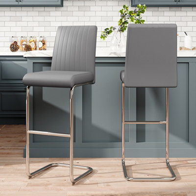 Bar Stool Set of 2 Grey PU Leather Upholstered Bar Stools with Backrest ...