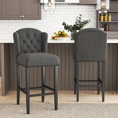 Bar Stools Set of 2 Dark Grey Linen Upholstered Wooden Bar Stools