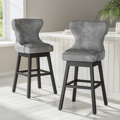Bar Stools Set of 2 Grey Modern Velvet Botton Seatback Swivel Bar Stools