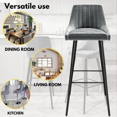Bar Stools Set of 2 Grey Velvet- 23.6'' Seat height, Black Steel Frame ...