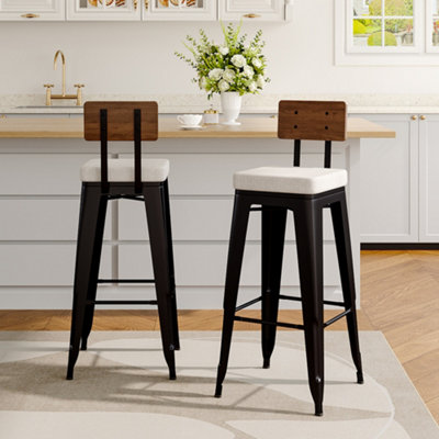 Bar Stools Set of 2 Upholstered Breakfast Stools with Back for Dining ...