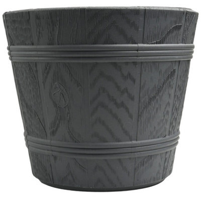 Barrel Planter Flower Pot Wood Effect Plastic Round Indoor Outdoor ...