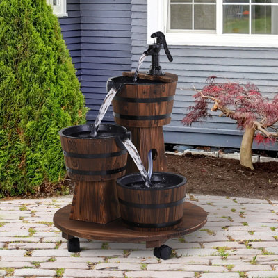 Barrel Waterfall Fountain Rustic Wood w/ Pump