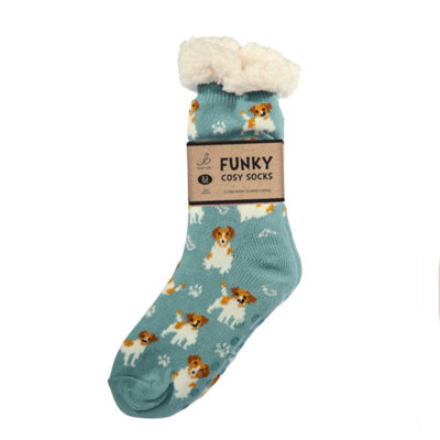 Bartleby Funky Cosy Sherpa Slipper Socks 3.1 TOG UK 4-8 -Jack Russell