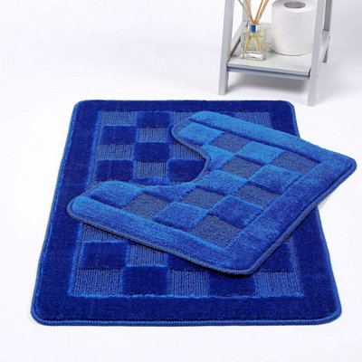 Bath Mat & Pedestal Set 2 Piece Squares Royal Blue Non Slip Bathroom ...