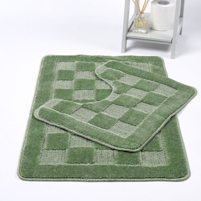Bath Mat & Pedestal Set 2 Piece Squares Sage Green Non Slip Bathroom ...
