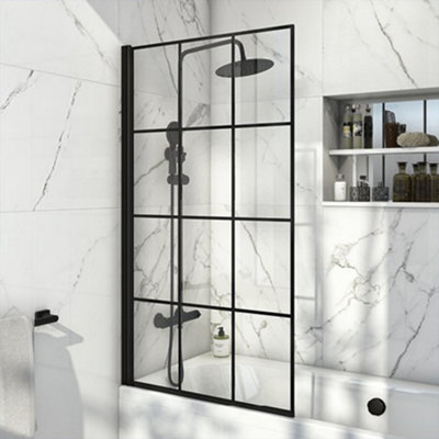 Bath Shower Over Bath Screen 780mm Framed Black Grid Square Safety ...