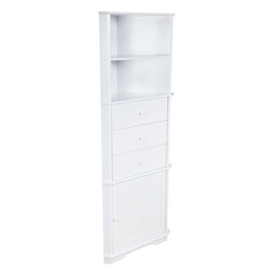 Bathroom Storage Cabinet corner unit with 2 open Shelves 1 Door and 3 Drawers Tallboy White