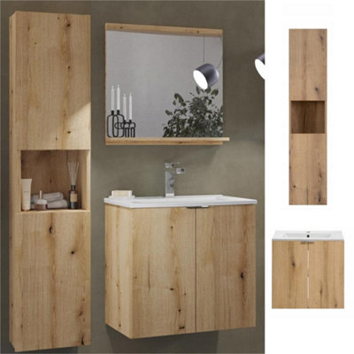 Bathroom Unit Set Tall Slim Floating Storage 600 Vanity Sink Oak Effect ...