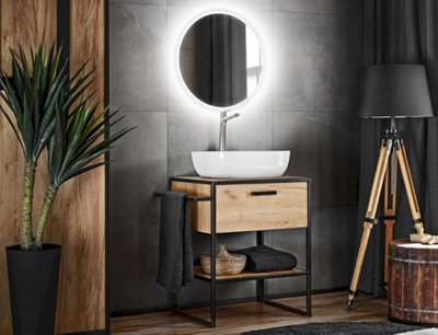Bathroom Vanity Sink Unit 700 600 Drawer Cabinet Countertop Black Steel Oak Finish Loft Industrial Brook