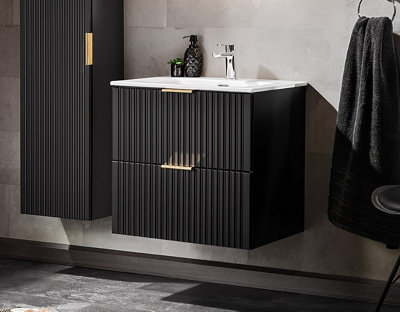 Bathroom Vanity Unit with Basin Wall Hung Black 800mm Drawer Cabinet ...