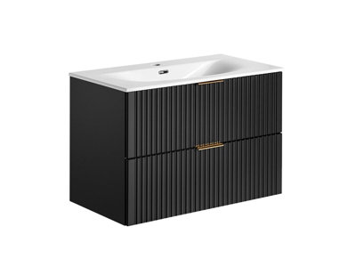 Bathroom Vanity Unit with Basin Wall Hung Black 800mm Drawer Cabinet ...