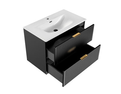 Bathroom Vanity Unit with Basin Wall Hung Black 800mm Drawer Cabinet ...