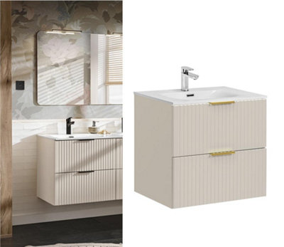 Bathroom Vanity Unit with Sink Basin 600mm Ribbed Fluted Beige Cashmere ...