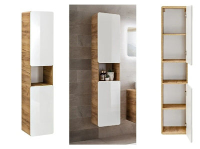 Bathroom Wall Cabinet Tall Storage Unit White Gloss Oak Tallboy Slim Narrow Shelving Aruba